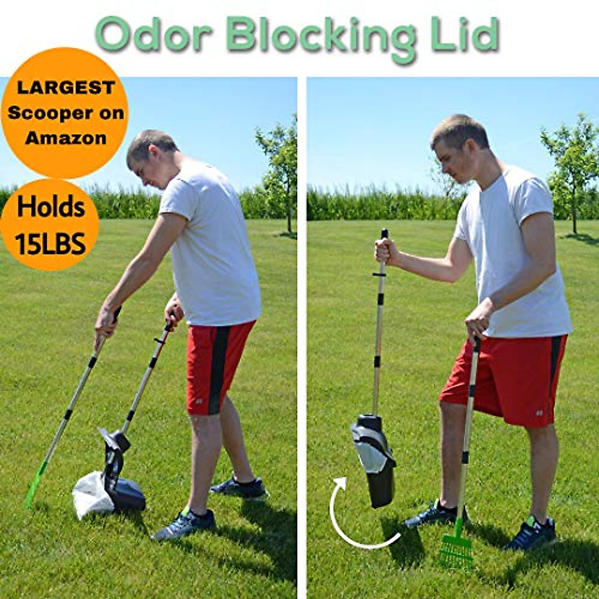 Hygena Scoop Pooper Scooper XL Large Odor Blocking Swivel Bin & Long Handle Stainless Steel Poles Rake Large Bag for Clean Pet Waste Removal