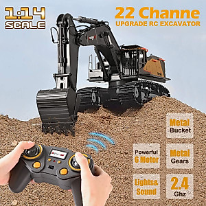 kolegend 22 Channel RC Excavator Metal Shovel Independent Arms 1/14 Scale, Professional Remote Control Construction Vehicles, Boy Toys Best Gift for 8+ Years Old Boys Adults