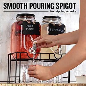 Beverage Dispenser with Stand for Parties - Two 1 Gallon Glass Mason Jar Drink Dispensers with Stand for Water, Lemonade, Punch, Juice or Adult Beverages