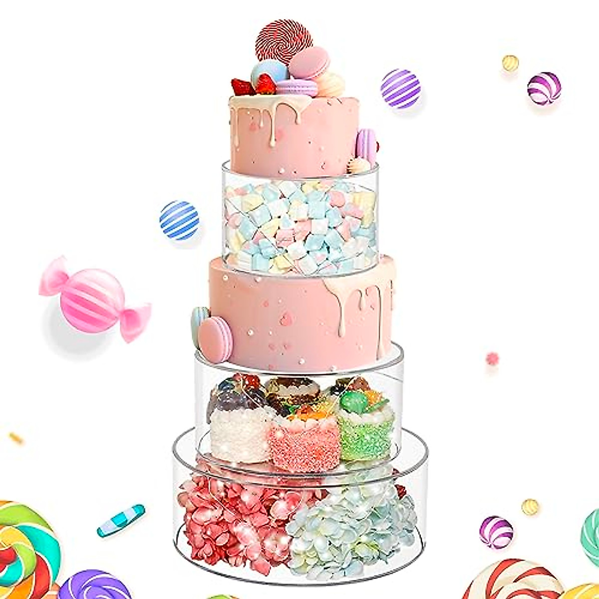 Cutora 3PCS Acrylic Cake Stand Fillable Clear Cake Riser Box Cylinder Round Display Case for Wedding Birthday Party 3 Tiers 6" 8" 10"