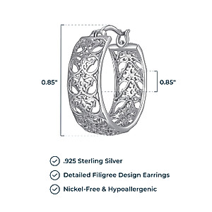 MORGAN & PAIGE Rhodium Plated 925 Sterling Silver Openwork Filigree Round Hoop Earrings for Women