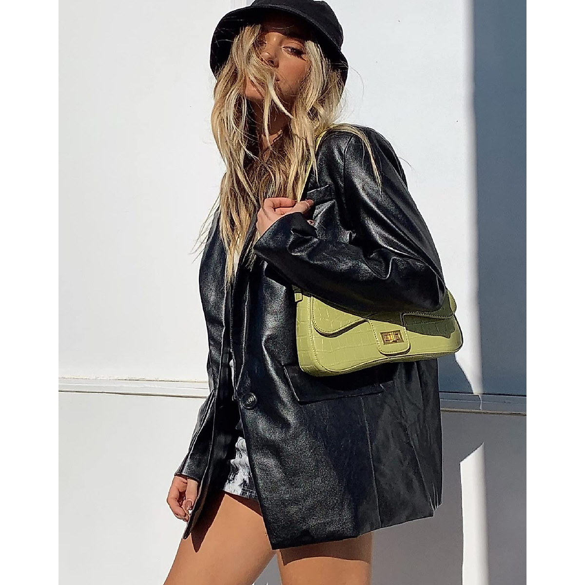 Pepochic Womens Oversized Leather Jacket Long Sleeve Faux Leather Blazer Lapel Button Down Leather Shacket Coat with Pockets