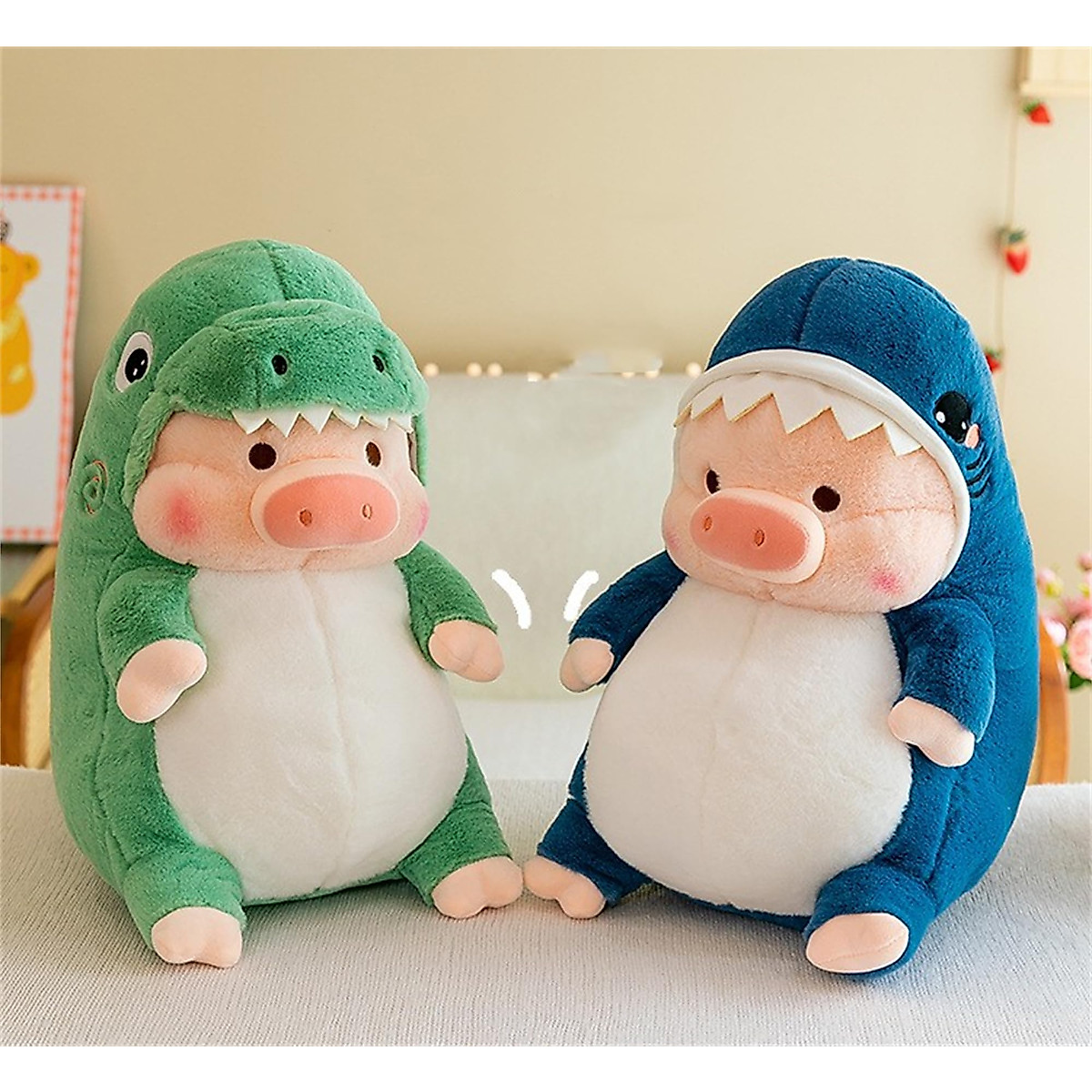 LANFIRE Pig Plush Stuffed Toy Pig Dressed as Shark Dinosaur Cute Plush Pillow for Boys Girls (Green, 15.6 in)