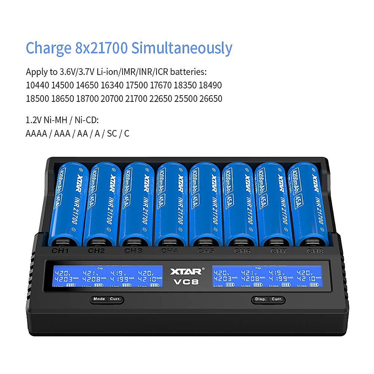 8 Bays Charger USB C Battery Charger XTAR VC8 Type C 3A Fast Charger 8-Bay Smart Charger LCD Display for 3.6V 3.7V Li-ion 1.2V Ni-MH C (Package Not Including Battery)
