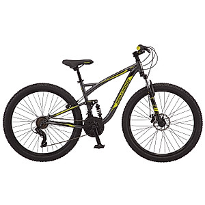 Mongoose Status 2.4 Men and Women Mountain, 27.5-Inch Wheels, 21-Speed Shifters, Aluminum Frame, Dual Suspension, Dark Silver