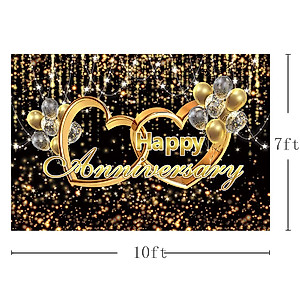 AIBIIN 10x7ft Black Gold Happy Anniversary Backdrop Gold Glitter Bokeh Spot Wedding Anniversary Bridal Shower Photography Background Cheers to Wedding Miss to Mrs Party Decoration Banner Photo Prop