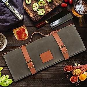 FIREDOG Wessleco Chef Knife Roll Bag (10 Pockets), Waxed Canvas Knife Carrying Case Storage with Handle & Shoulder Strap, Zipper Pouch for Culinary Tools (Knives Not Included)