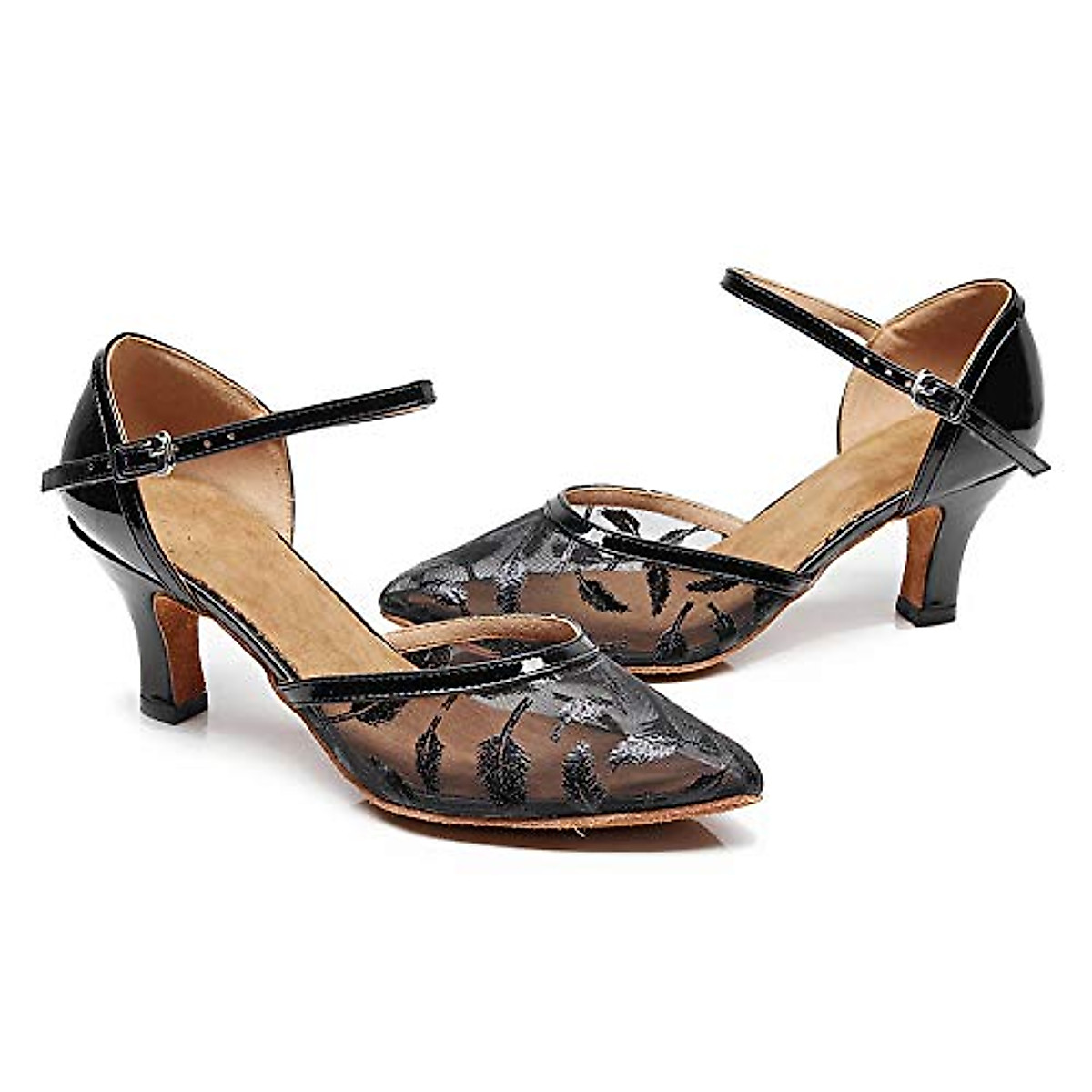 JUODVMP Women's Mesh with Feather Patterns Closed Toe Ballroom Dance Modern Shoes Model 2001,Black,2 1/3 inches Heel,6US