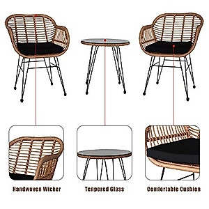 TRRAPLE 3 Pieces Patio Furniture Set, Outdoor Wicker Patio Furniture Sets Modern Bistro Set Rattan Chair Conversation Sets with Glass Top Side Table for Yard and Garden