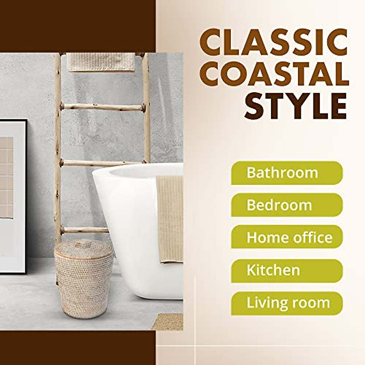 Kouboo La Jolla Rattan Round Waste Basket with Lid & Plastic Insert, 2 Gallon Woven Wastebasket & Home Decor, Honey Brown & 1030055 La Jolla Rattan Square Tissue Box Cover, 5.5" x 5.5" x 5.75"