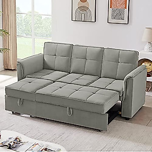 AVZEAR 3 Seater Couch Sofa, Sectional Sofa Couch with Pull Out Bed Velvet Fabric Sectional L Shaped Sleeper Sofa Bed Large Sofa Solid Wood & Fabric Upholstered L-Shaped for Living Room (Grey)