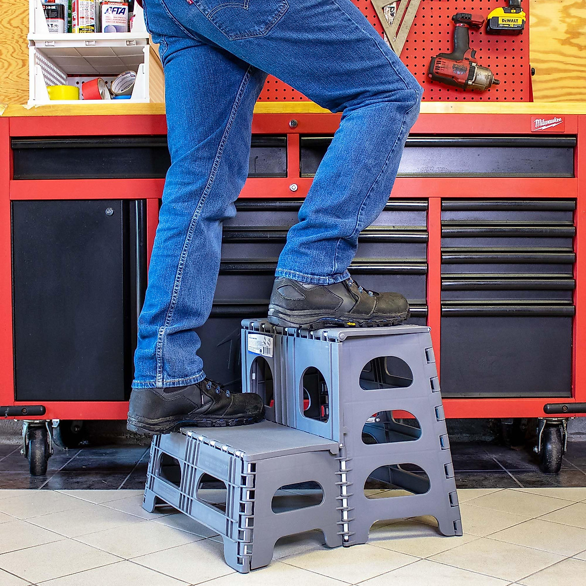 Bee Neat Folding 2 Step Stool for Adults - Collapsible & Foldable Step Ladder for Office, Garage, Closet, Bathroom - Non-Slip & Wide Stepping Stool Supports 300lbs - Industrial - Gray