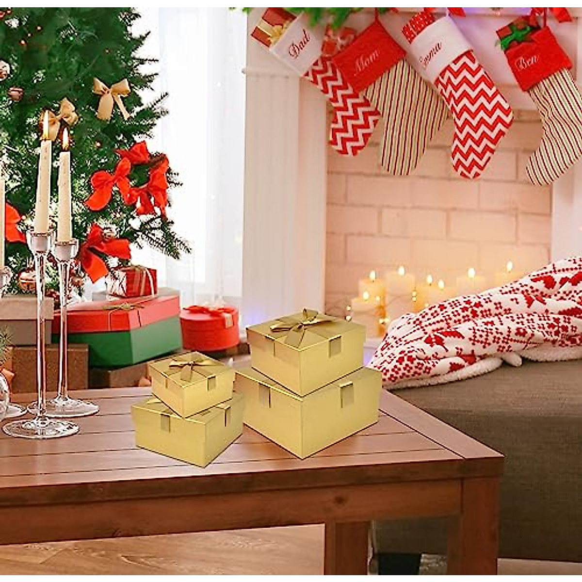 Set Of 4 Gold Square Gift Boxes with Ribbon Bow Assorted Sizes Nesting Christmas Box Durable Cardboard Reusable for Wrapping Gifts Holiday Wedding Present Bridesmaid Bridal and Baby Shower Anniversary