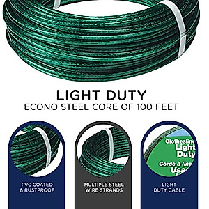 Strata 100 Feet Clothesline Outdoor Heavy Duty Galvanized Wire Steel Cable, Green PVC Coating - Clothes Line Wires for Outside Laundry Drying