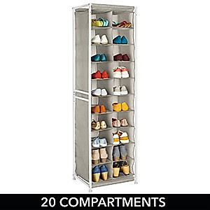 mDesign Vertical Fabric and Metal Standing Shoe Tower Rack & Organizer - 10-Tier Shoe Stand - Holds 20 Pairs of Mens, Womens and Kids Shoes, Easy Assembly - Closet Organization - Linen