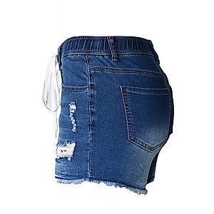 Atditama Women's Elastic Drawstring Waist Skinny Stretch Slim Mid-Waist 3" Inseam Ripped Distressed Ultra Short Jeans Blue US 16