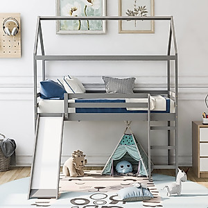 Harper & Bright Designs Twin Size Loft Bed with Slide, Kids House Bed with Slide, Solid Wood Bed Frame for Kids Girls & Boys, Gray