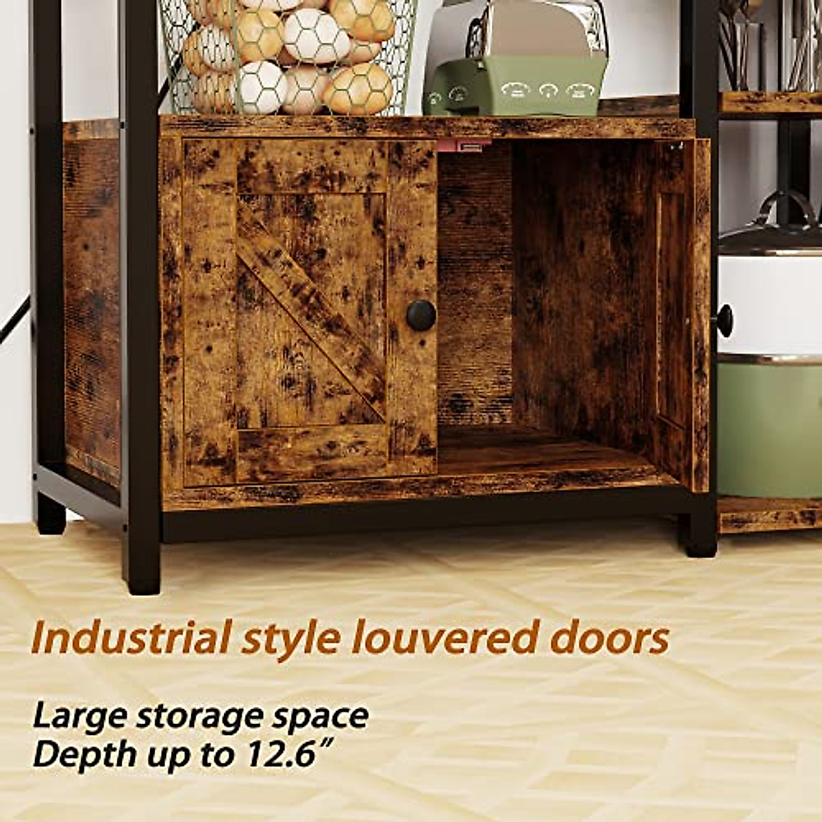 IRONCK Bakers Rack, Larger Microwave Stand with Power Outlets, 15.7" D x 35.4" W Kitchen Shelf with Cabinet and 12 Hooks, Industrial Shelf for Kitchen, Vintage Brown