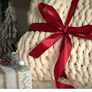 Abound Chunky Knit Blanket Throw - Queen Size (50"x60", 5 lbs) - Chenille Yarn Knitted Blanket - Crochet Blanket - Cable Knit Throw Blanket - Weighted Chunky Blanket, Gift - Machine Washable (Beige)