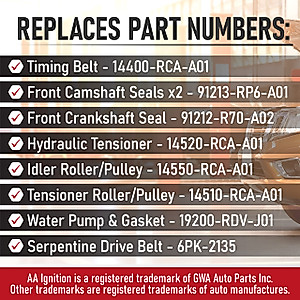 Timing Belt & Water Pump Kit Compatible with Honda, Acura & Saturn Vehicles - Accord, Odyssey, Pilot, TL, RL, MDX, Vue 3.5, 3.0, 3.7 - Replaces TKH002, TCKWP329, 19200-RDM-A02 19200-RDV-J01