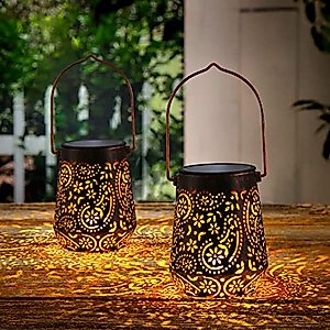 Solar Outdoor Lanterns with Hanging Handle Metal Gift Waterproof LED Light for Garden Patio Yard Pathway Decorations (2 Pack)