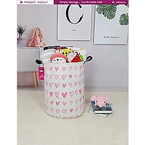 INGHUA Laundry Hamper Large Canvas Fabric Lightweight Storage Basket/Toy Organizer/Dirty Clothes Collapsible Waterproof for College Dorms, Boys and Girls Bedroom,Bathroom(Pink hearts)