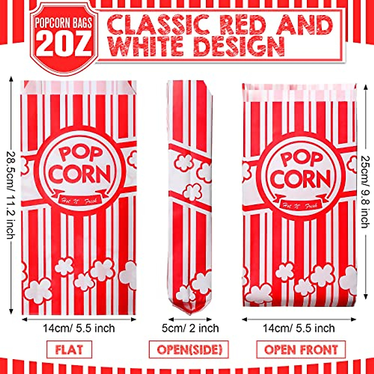 Paper Popcorn Bags 2 oz Grease Resistant Popcorn Bags Individual Servings Tear Resistant Popcorn Holders Red and White Container Popcorn for Carnival Movie Party Supply, 5.5 x 2 x 11.2 Inch (500 Pcs)