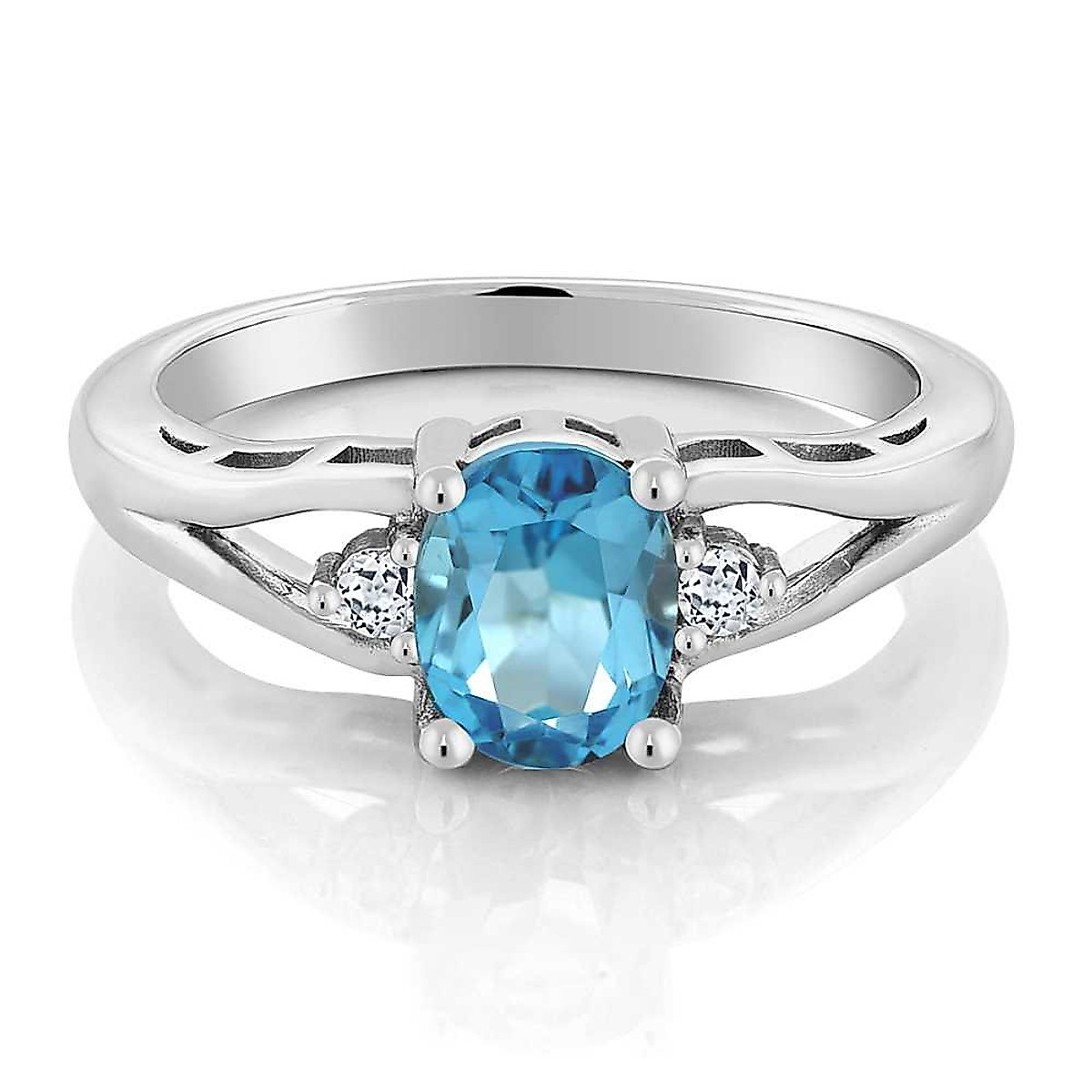 Gem Stone King 925 Sterling Silver Swiss Blue Topaz and White Topaz 3-Stone Ring For Women (1.80 Cttw, Center: 8X6MM Oval, Gemstone Birthstone, Available In Size 5, 6, 7, 8, 9)