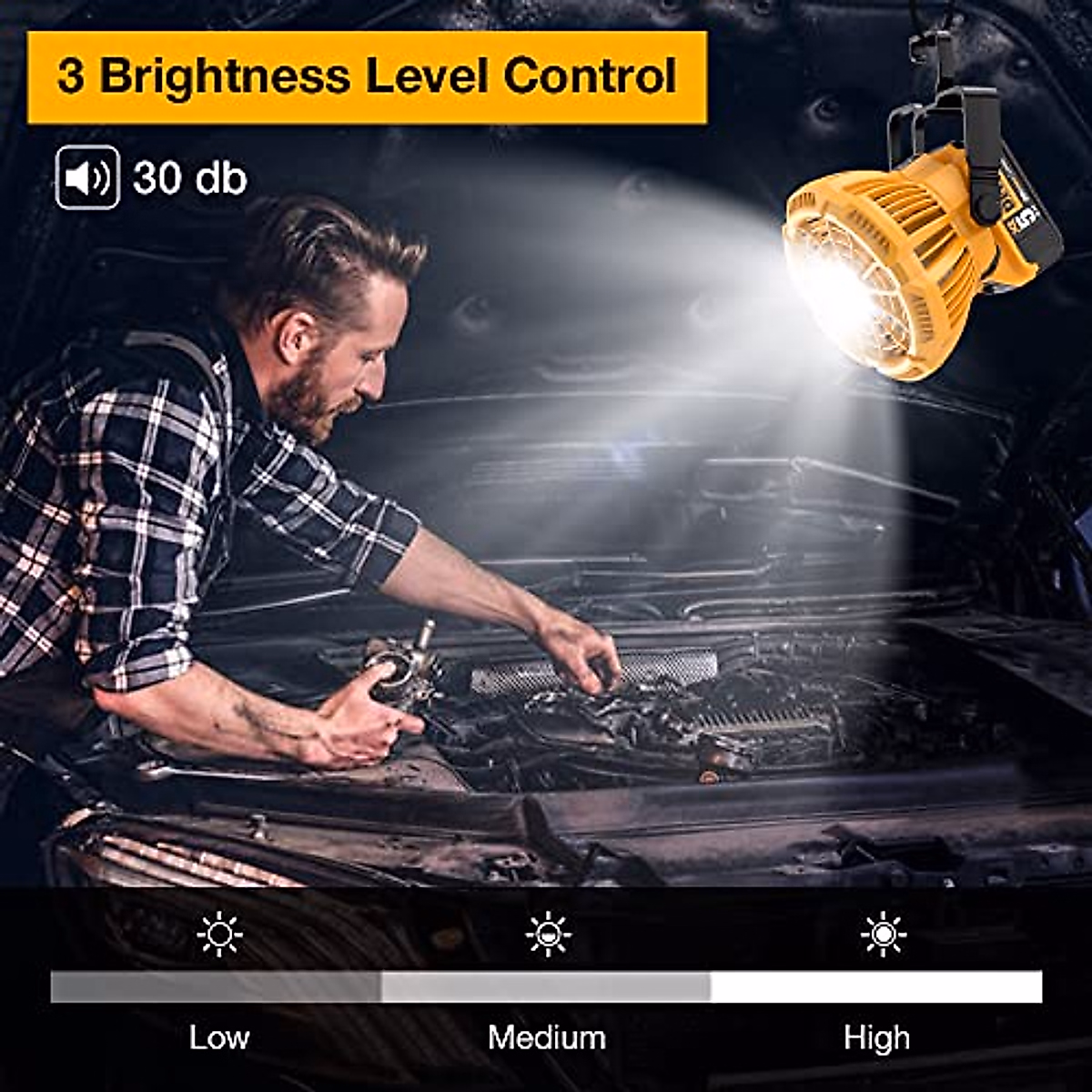 Portable Camping Fan with 9W LED Lantern, Powered by Dewalt 20V Li-ion Battery, Battery Operated Fan Ceiling Tent Fan with Hook, 180°Head Rotation Outdoor Rechargeable Fan for Hiking, Fishing, Travel