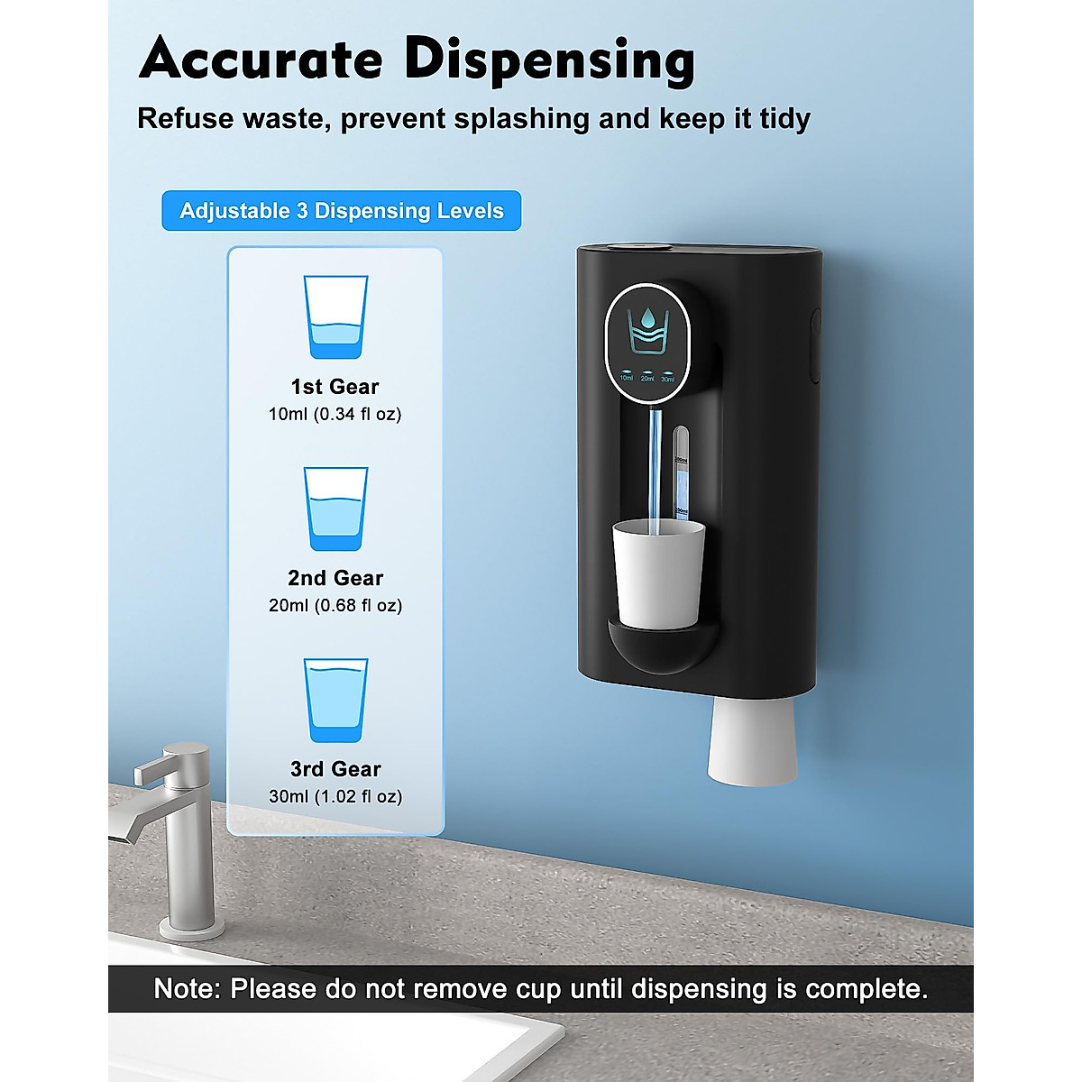 Hoofun Automatic Mouthwash Dispenser for Bathroom,18.26Oz Wall Mounted Mouth Wash Dispenser with Magnetic Cups, 3 Dispensing Level, Smart Mouthwash Dispenser for Kids Adult, Bathroom Accessories Black