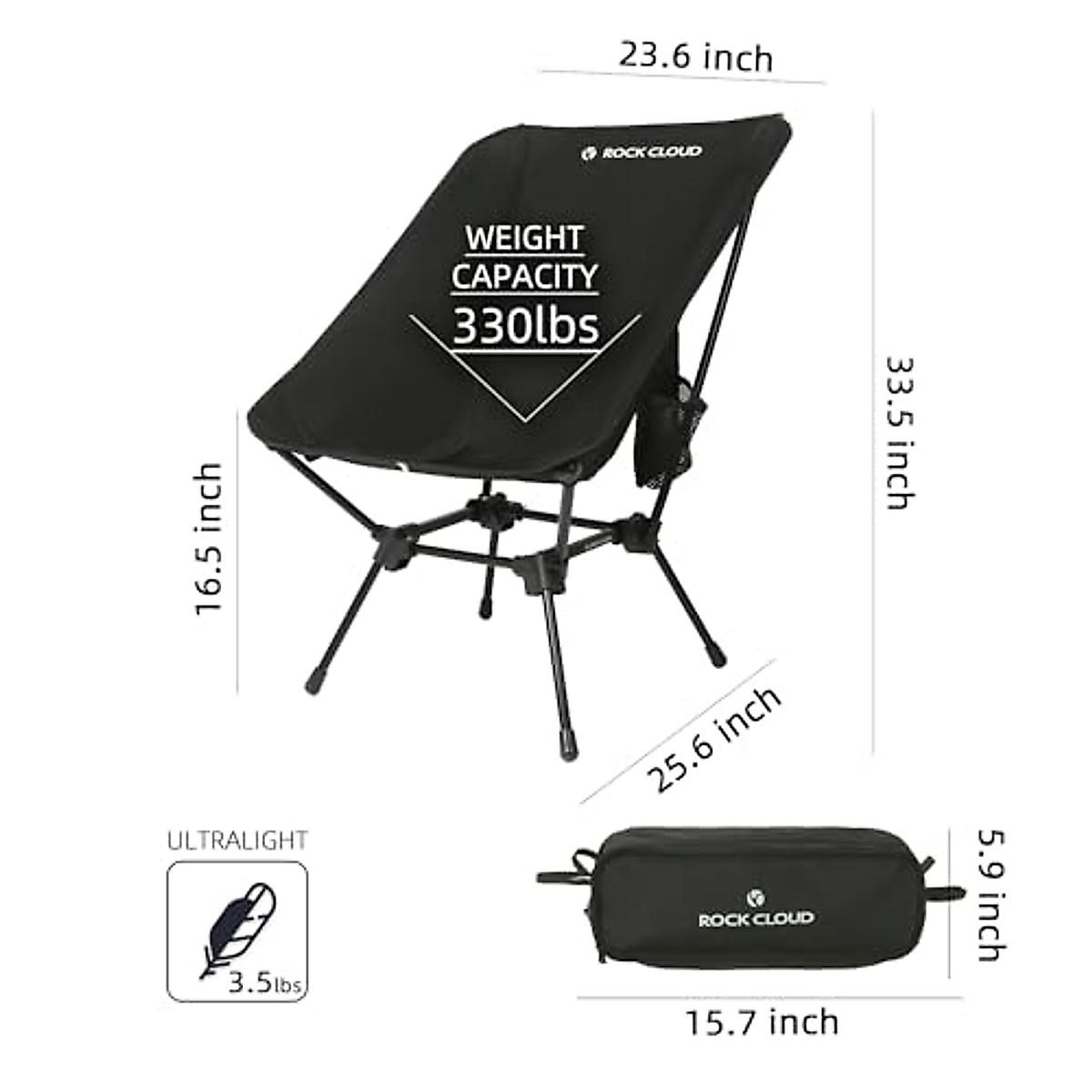 ROCK CLOUD 2 Pack Portable Compact Camping Chair Ultralight Folding Chairs Outdoor Lrage-Size for Camp Hiking Backpacking Lawn Beach Sports, Two-Heights Adjustable (Black-Large)