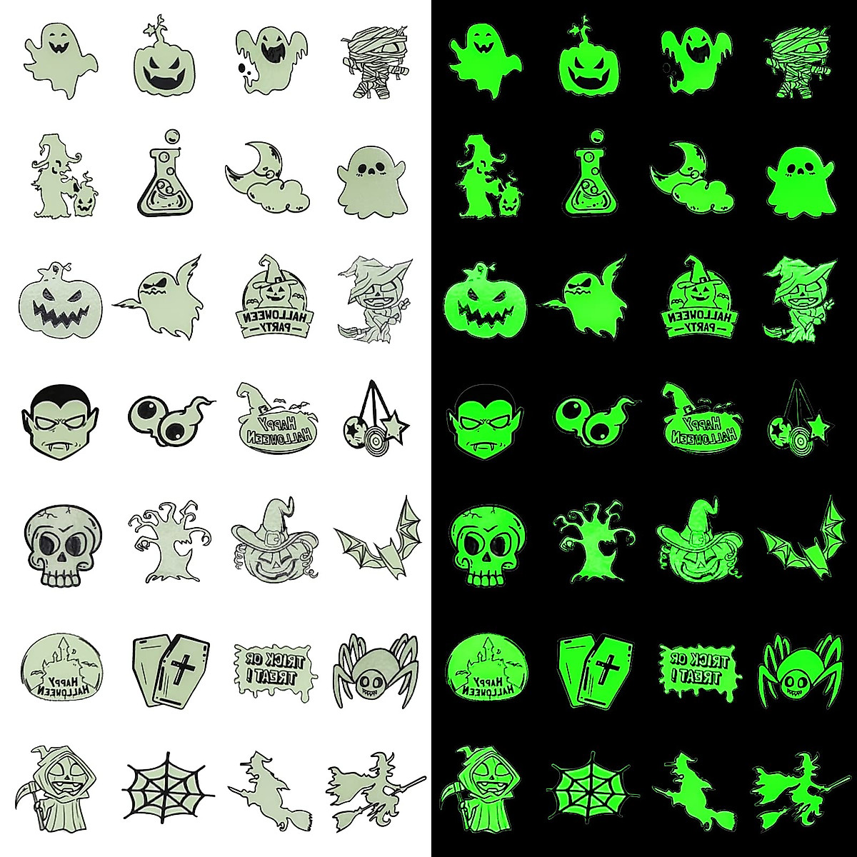 Halloween Temporary Tattoos for Kids, Waterproof Fake Tattoos Stickers, Glow in Dark Tattoos, 140 PCS Halloween Pumpkin Ghost Devil Skull Vampire, Luminous Tattoo Sticker for Halloween Party Supplies