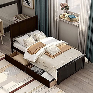 Twin Bed Frame with Drawers , Kids Twin Bed Frame, Wood Twin Platform Bed with Headboard , Twin Storage Bed ,No Box Spring Needed ,Espresso