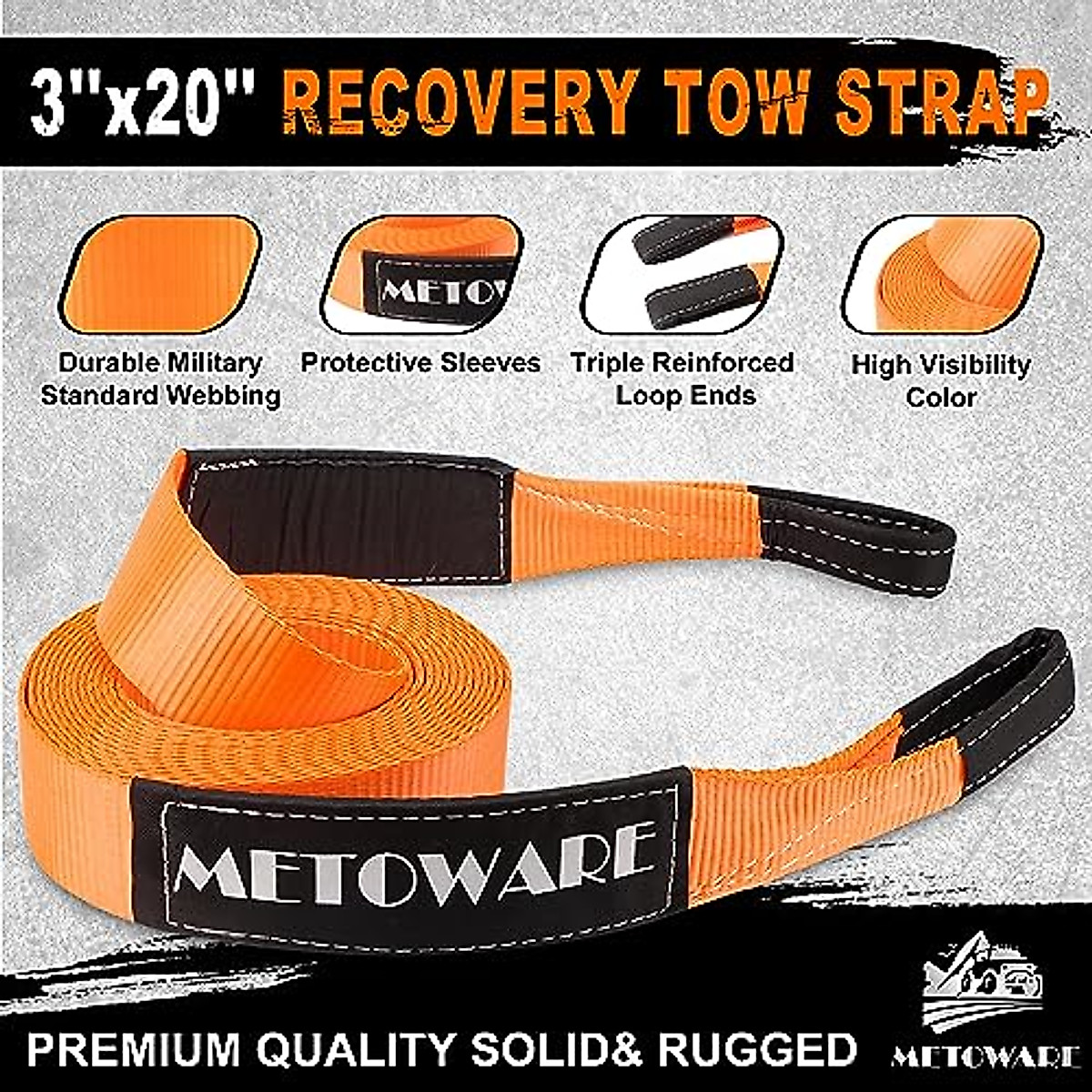 METOWARE Heavy Duty Tow Strap Recovery Kit - 3" x 20ft(35,000lbs) Tree Saver Winch Strap + 3/4" D Ring Shackles(2pcs) + Storage Bag - Truck, SUV, ATV Off Road Towing Strap Kit
