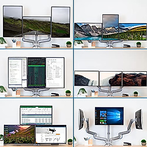 Mount-It! Triple Monitor Mount | Desk Stand with USB and Audio Ports | 3 Counter-Balanced Gas Spring Height Adjustable Arms for Three 24 27 30 32 Inch VESA Screens | C-Clamp and Grommet Bases Included