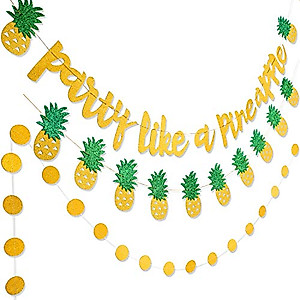 6 Pieces Pineapple Banner Party Like A Pineapple Decoration Circle Dots Garland Gold Glitter Bunting Garland for Hawaiian Luau Tropical Theme Party Supplies