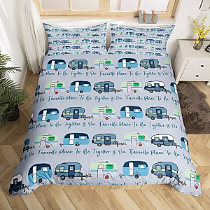 Our Favorite Place is Together Duvet Cover Set King Size,Cartoon Camp Car Comforter Cover with 2 Pillowcases,3 Piece,Happy Camping Bedding Set for Adult Young Bedroom Xmas Gift