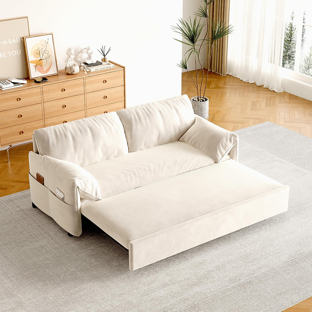 3 in 1 Convertible Queen Sleeper Sofa Bed Comfy Pull Out Futon Couch Bed 63.8" Modern Velvet Recliner Loveseat Sofa Multi-Functional Black Cloud Couch for Living Room,Apartment,Office (Beige 63.8in)