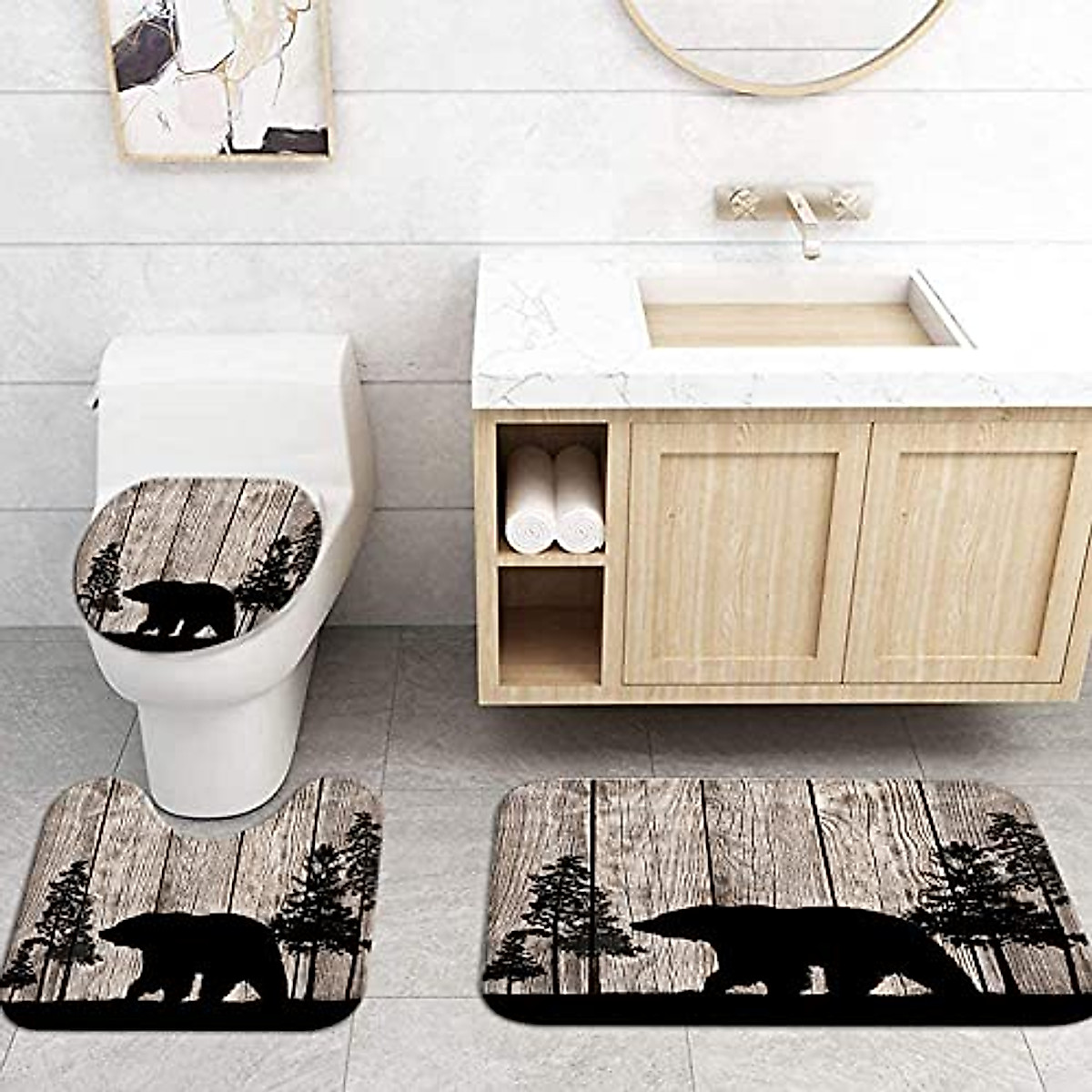 SiMiWOW Black Bear in Forest Shower Curtain Set with Rugs Woodland Animal Country Farmhouse Cabin Bathroom Decor Curtain, Set of 4