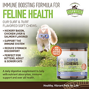 Strawfield Pets Super Chews for Cats - Lysine, Probiotics, Omega 3 Fish Oil (Salmon Oil), Catnip - Supports Immune, Gut, Skin & Joint Health - 120 Hickory Bacon Salmon & Liver Flavored Softchews