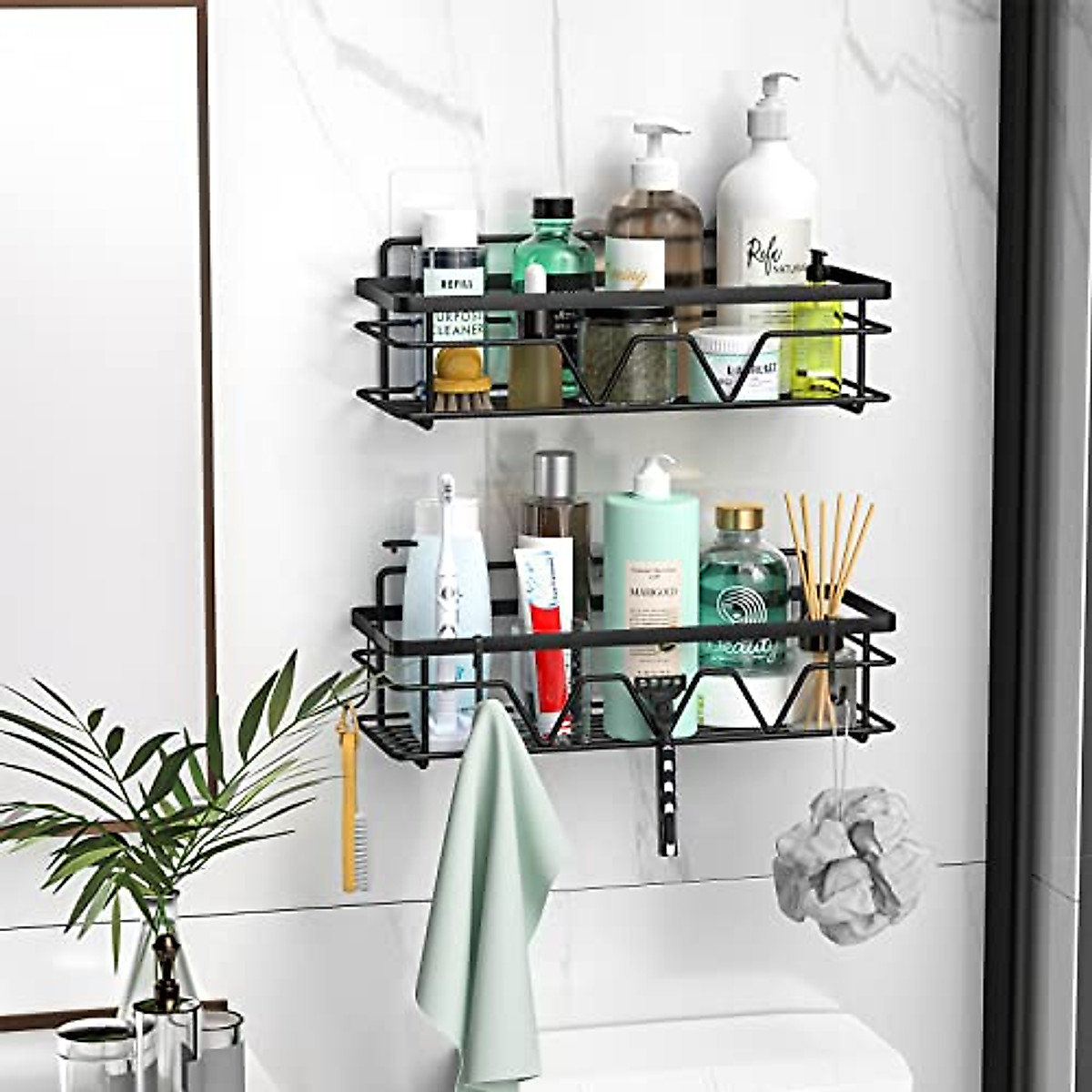 PEMOO 2 Pack Adhesive Shower Caddy, Shower Shelves, Shower Organizer No Drilling with Hooks, Rustproof Stainless Steel Bathroom Shower Organizer, Large Capacity, Shower Shelf for Inside Shower, Black