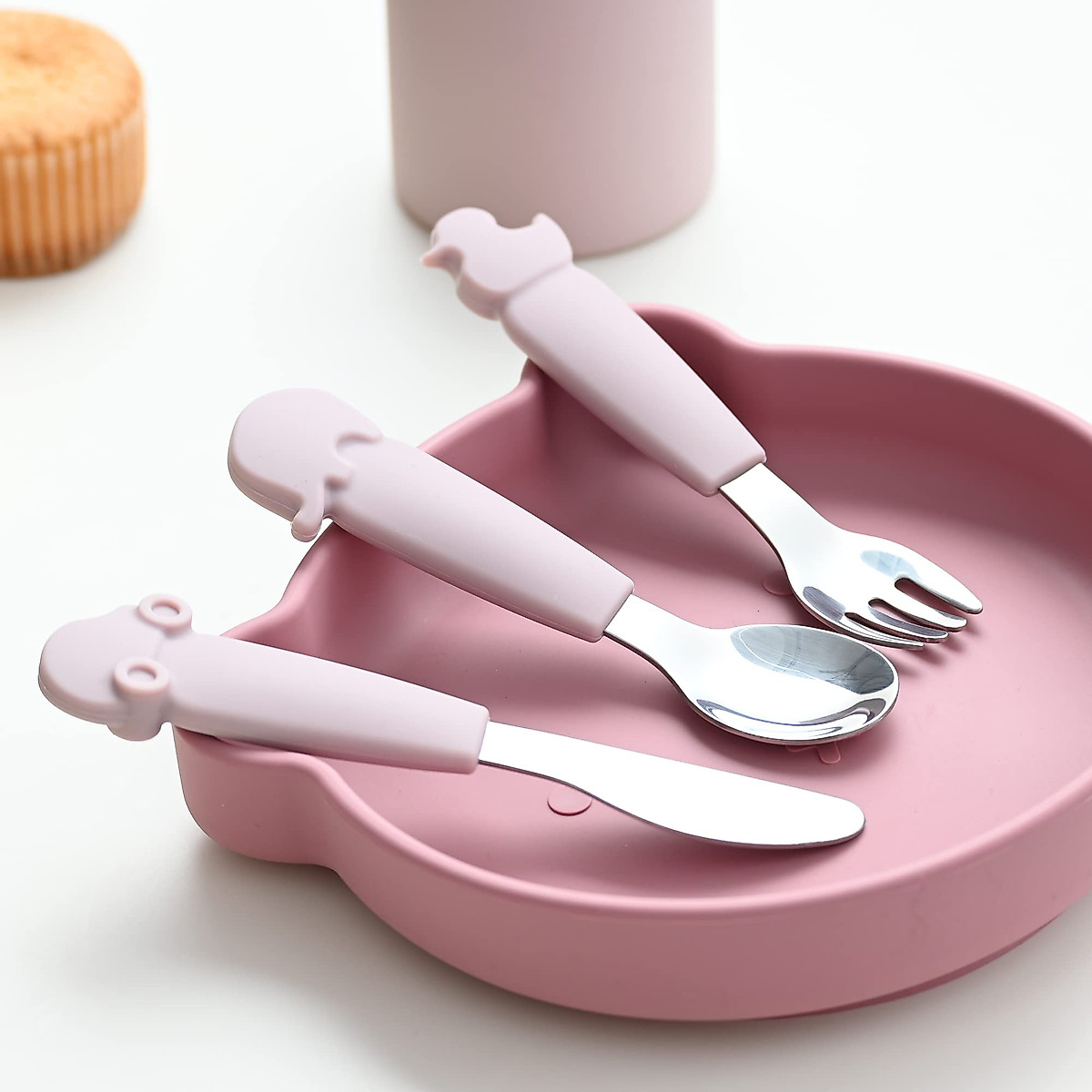 Toddler Fork and Spoon Set, Baby Fork and Spoon Knife Set, Toddler Baby Utensils Set, Stainless Steel Toddler Utensils (Pale Mauve)