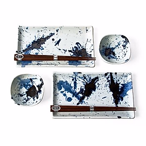 MIYA Blue Splash Sushi Plates for 2 - Modern Ceramic Glazed Rectangular Sushi Plates