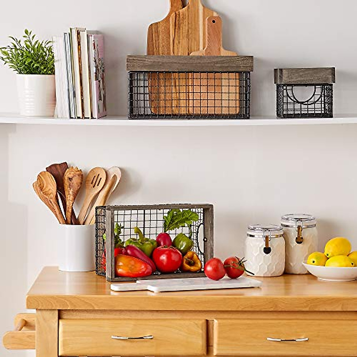 DII Farmhouse Wood Rimmed Wire Storage Basket Set, Silver, Assorted