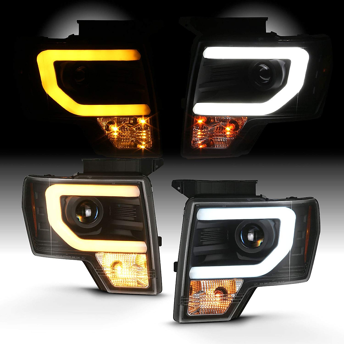 AKKON - Fits 2009-2014 Ford F-150 Switchback LED Tube Turn Signal DRL [Halogen Type] Projector Headlights Pair Left+Right