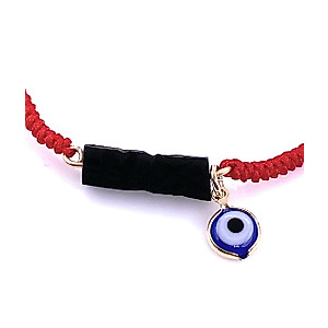 LESLIE BOULES Red Thread Genuine Azabache Hand Bracelet with Small Blue Evil Eye Connector Handmade Jewelry