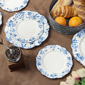 fanquare 8 Inch Blue Floral Porcelain Dessert Plates Set of 4, Scalloped Ceramic Salad Plates for Appetizer, Microwavable Plates