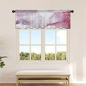 Semi Sheer Curtain Valance for Kitchen Windows Abstract Marble Agate Texture Chiffon Rod Pocket Half Window Curtains Topper for Bathroom/Living Room/Bedroom Pastel Theme Pink Purple White Gold