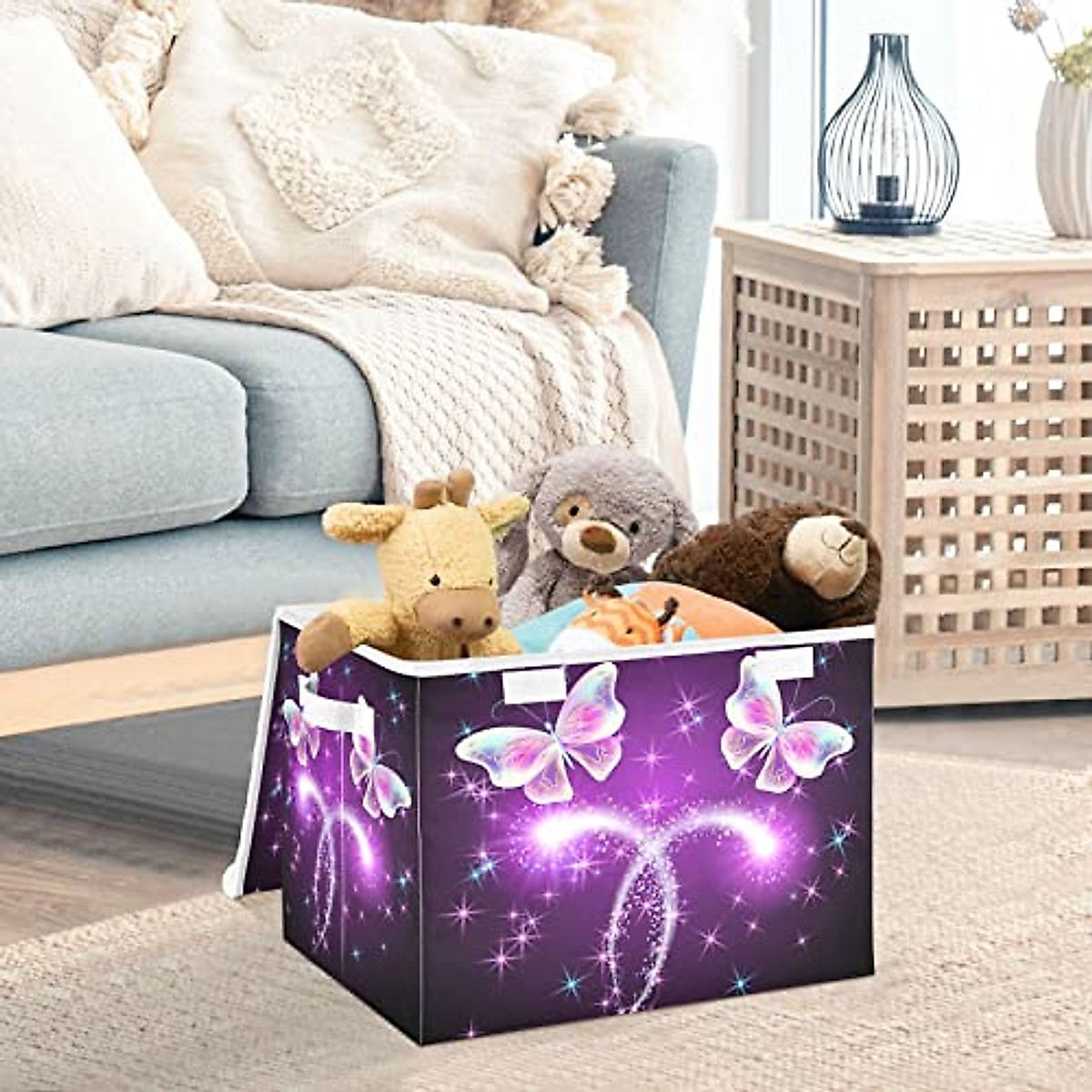 RunningBear Butterflies Firework Star Large Storage Bins with Lid Collapsible Storage Bin Nursery Baskets Foldable Fabric Cube for Closet Shelf Car