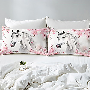 Feelyou Horse Sheet Set Twin, Cherry Blossom Sheets with Deep Pocket Fitted Girls Horse Bed Sheets Set for Kids Boys Girls Pink Horse Bedding Set Soft Bed Set 3Pcs
